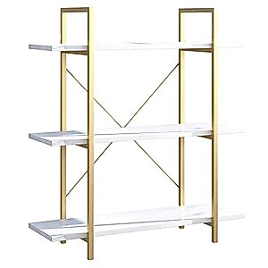 IOTXY 3-Tier Open Shelf Bookcase - Modern Freestanding Wooden Display Stand Unit with Metal Frame for Home and Office, Bookshelf, Gold White