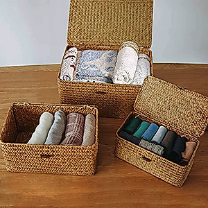 Esoes Wicker Storage Basket Woven Rattan Storage Box With Lids Seagrass Laundry Baskets Makeup Organizer For Bathroom, Living Room, Kitchen (L)