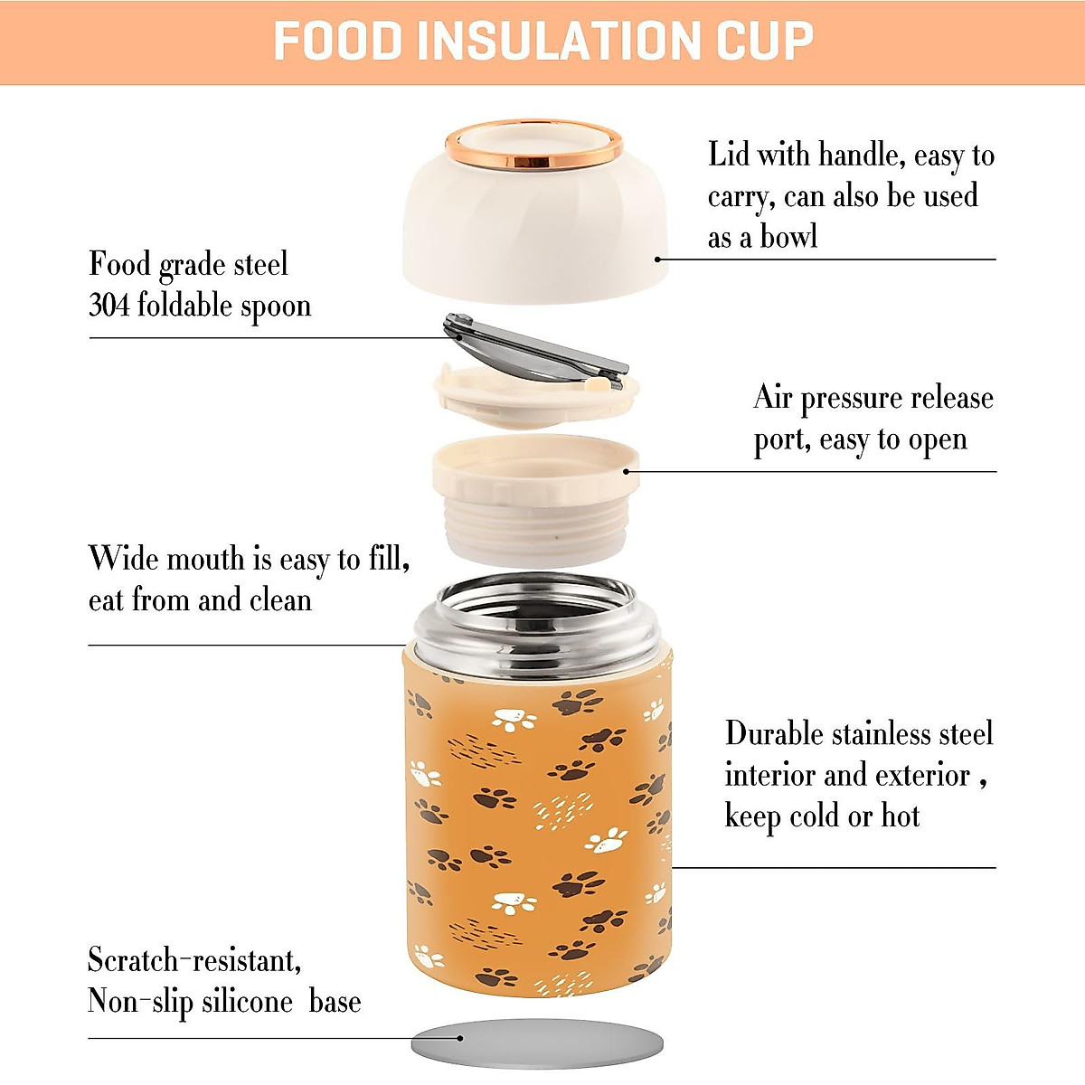 CUPADA Animal Paws Summer Food Jar for Hot and Cold, Footprint Yellow Insulated Food Jars Vacuum 17OZ with Folding Spoon for Work Trip Picnic Camping