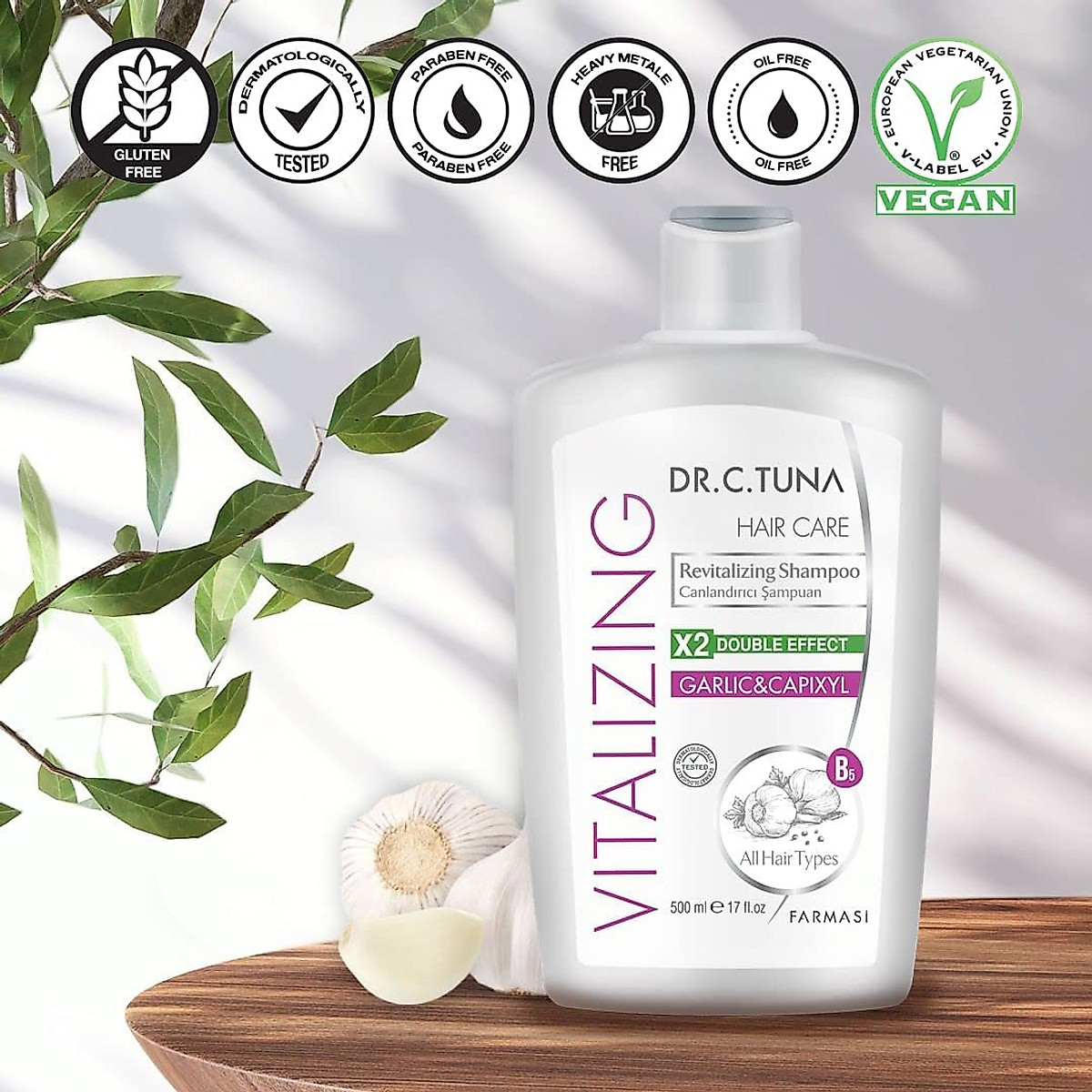 FARMASI Vitalizing Garlic Shampoo, 500 ml - Natural Treatment, Prevents Hair Loss, Stimulates Growth, Relieves Itchy Scalp with Capixyl