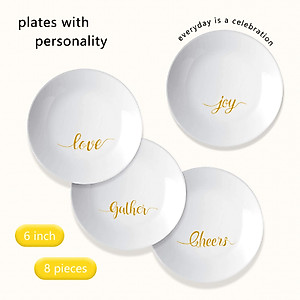 Patelai 8 Pcs 6'' Appetizer Plates Salad Plates Chip Resistant Snack Plates White Dessert Plates with Gold Celebration Words Multi Purpose Serving Plates