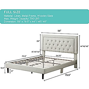 Full Upholstered Platform Bed Frame with 48" Tall Adjustable Headboard - Button Tufted Linen Velour Bed - Wood Slat Support with Storage Space - No Box Spring Needed - Beige - Oliver & Smith - Berlin