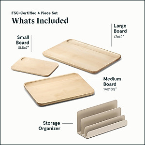Caraway 4-Piece Double Sided Wood Cutting Board Set - Made From FSC-Certified Birch Wood - Mineral Oil & Wax Finish - 3 Sizes - Small, Medium, & Large - Storage Organizers Included