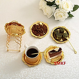 Collection 6 Piece Coaster Creative Drink Coasters with Decorative Rack Non-Slip Metal Cup Mats Tabletop Display with Holder for Bar,Home, Kitchen,Coffee Table Centerpieces Decoration (Golden)