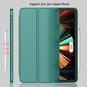 iMieet New iPad Pro 12.9 Case 2022(6th Gen)/2021(5th Gen) with Pencil Holder [Support iPad 2nd Pencil Charging/Pair],Trifold Stand Smart Case with Soft TPU Back,Auto Wake/Sleep(Forest Green)