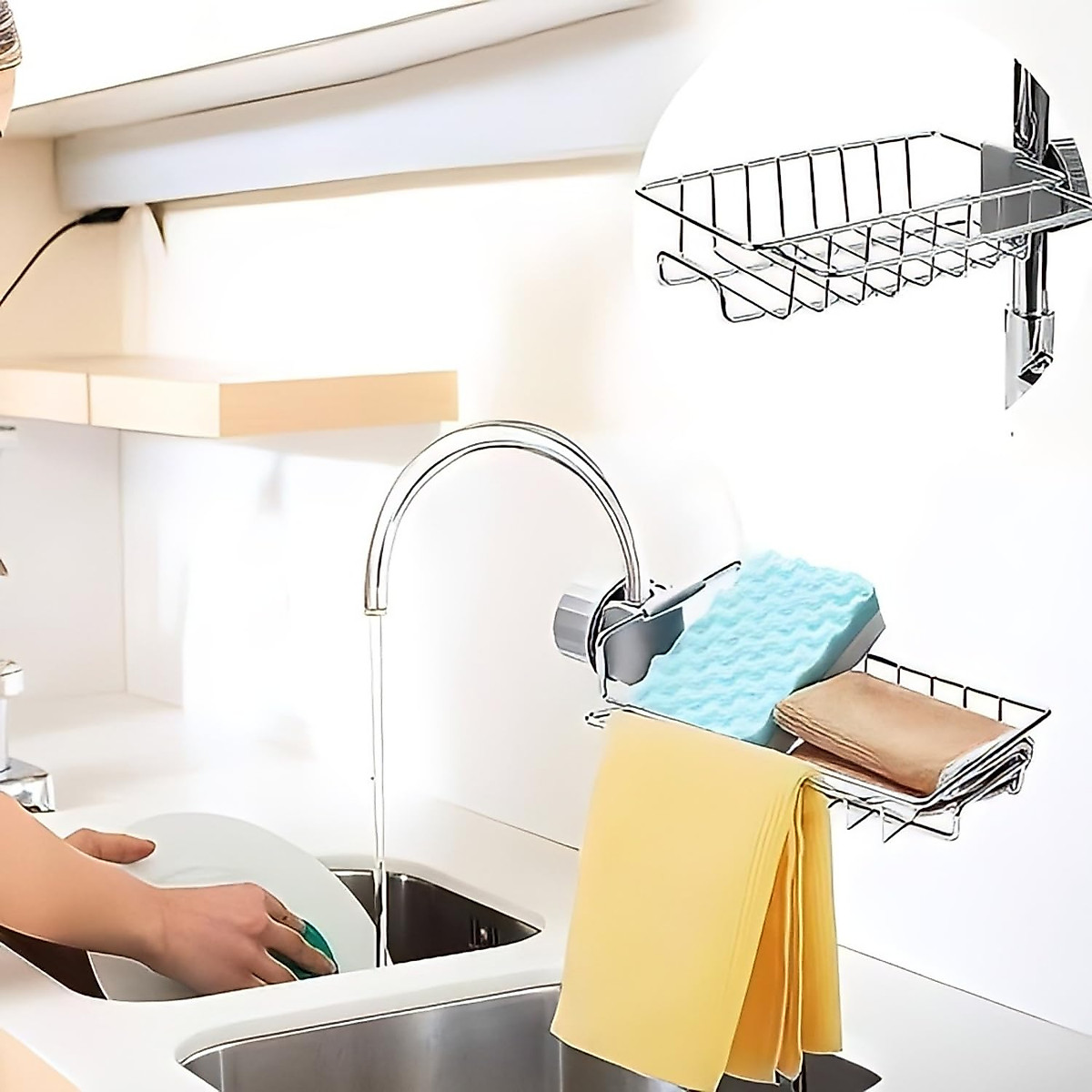 soporte de esponja de Acero inoxidable para fegradero de cocina, soporte de esponja para grifo, estante de drenaje desmontable y Ajustable, Porta esponjas fregadero cocina