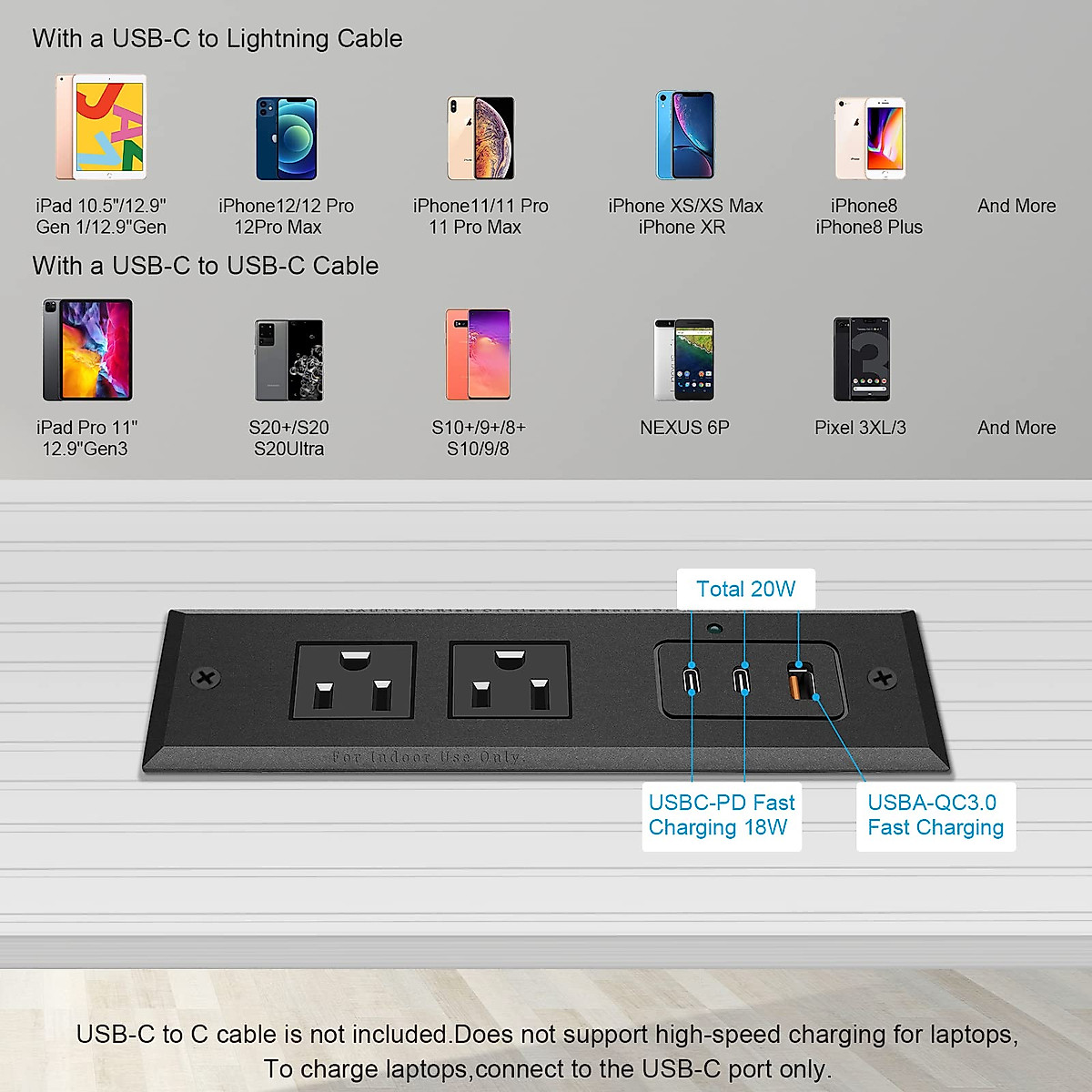 Black Type-C Recessed Power Socket - Fast Charging & Hidden Design