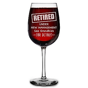 shop4ever Retired Under New Management See Grandkids For Details Engraved Stemmed Wine Glass 16 oz. Funny Retirement Gift for Grandma Grandpa