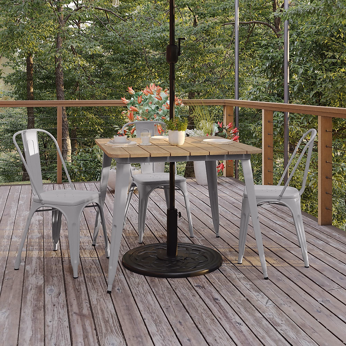 Flash Furniture Declan Commercial Outdoor Dining Table with Umbrella Hole, All Weather Poly Resin Top and Steel Base, 36" Square, Brown/Silver