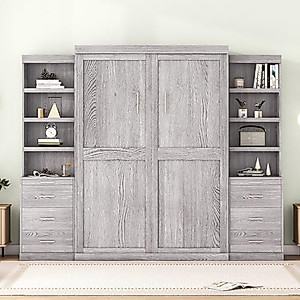 DEYOBED Multifunctional Full Size Murphy Bed with Storage Shelves and Drawers, Solid Wood Platform Wall Bed Cabinet for Guest Room Home Office, Ideal for Small Spaces, Gray