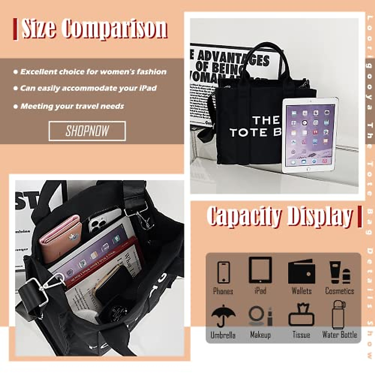 LooriGooya The Tote Bags for Women, Black Leather Tote Bag with Zipper Sturdy Cute Handbag, Tote Purse Crossbody Hand Bag for Work, School and Travel