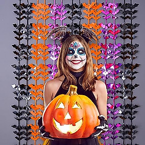 LOLStar Halloween Party Decoration, 2 Pack Black Orange and Purple Bat Photo Booth Props, 3.3 x 6.6 ft Halloween Foil Fringe Curtains, Halloween Photo Backdrop Streamers for Halloween Party Supplies