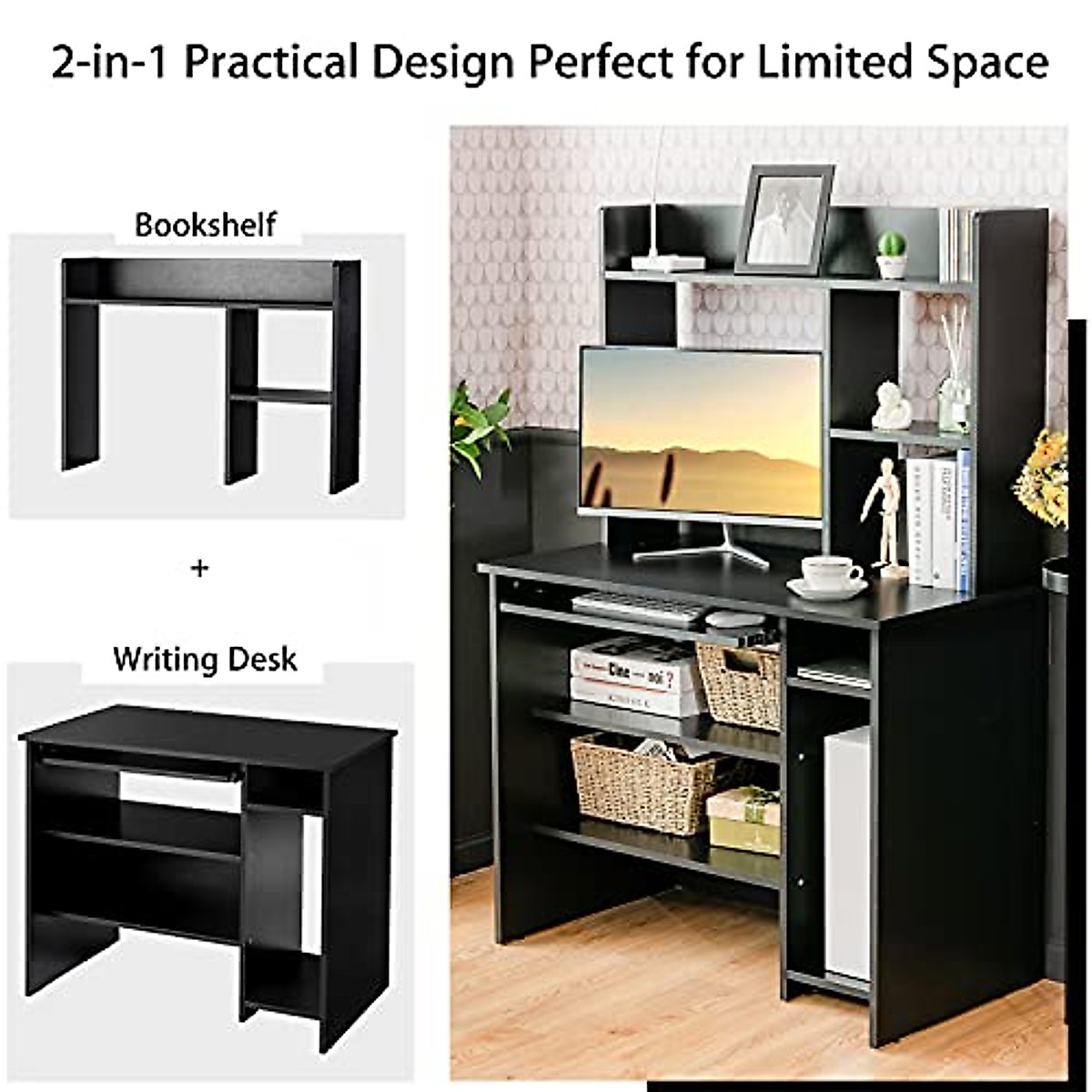 Tangkula Computer Desk with Hutch, Home Office Desk with Keyboard Tray & CPU Stand, Space Saving Study Writing Desk with Storage Bookshelves, Desk Workstation with Hutch for Bedroom, Black
