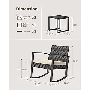 Aiho 3 Pieces Patio Furniture Set, Outdoor Wicker Bistro Rocking Chair Sets with Cushion, Porch Furniture Set with Glass Table, Modern Rattan Conversation Sets for Porches and Balcony, Beige Cushion