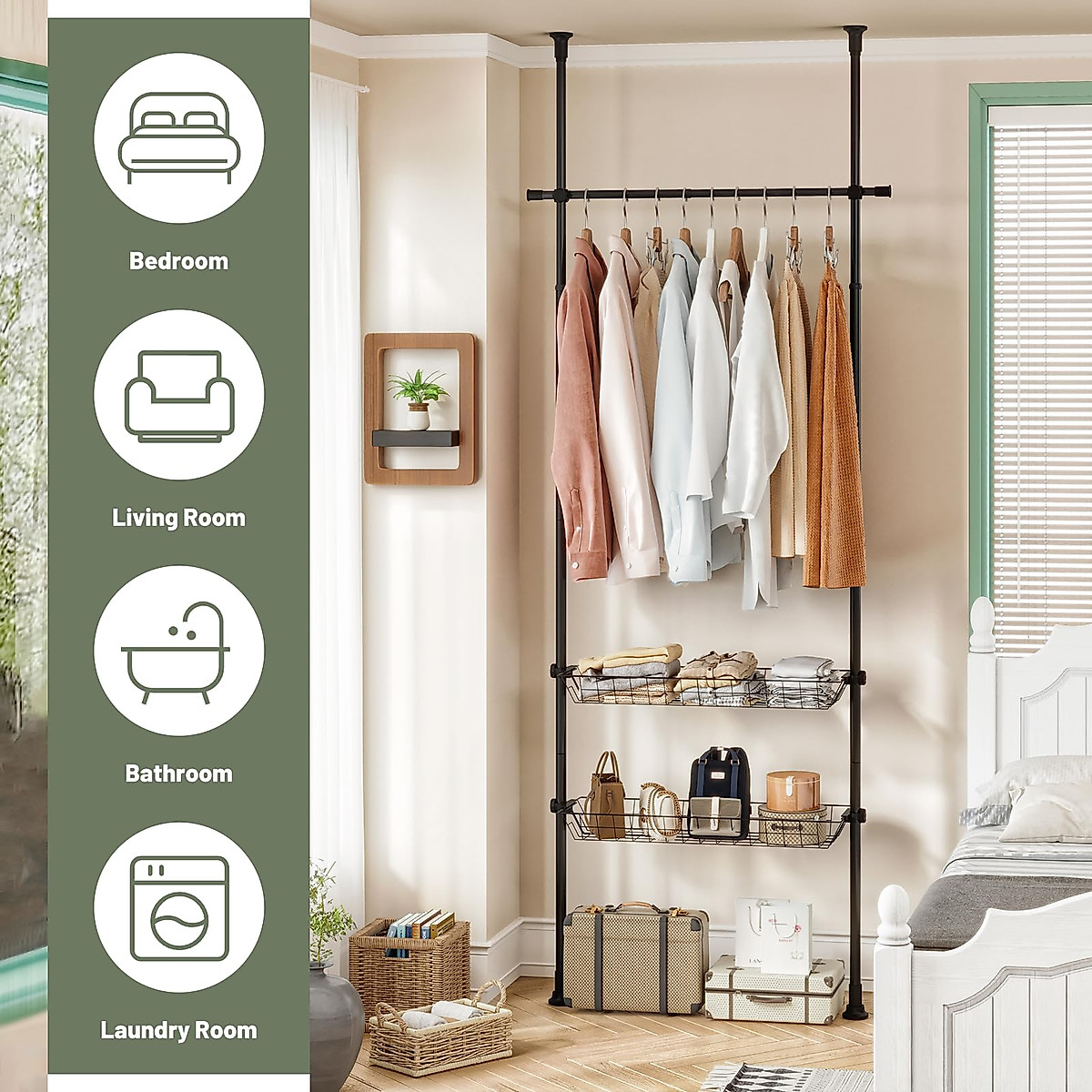 DYN Ptah Floor to Ceiling Adjustble Garment Rack, Free Standing Tension Rod Clothes Rack with 2 Storage Baskets, Heavy Duty Clothing Hanger Black