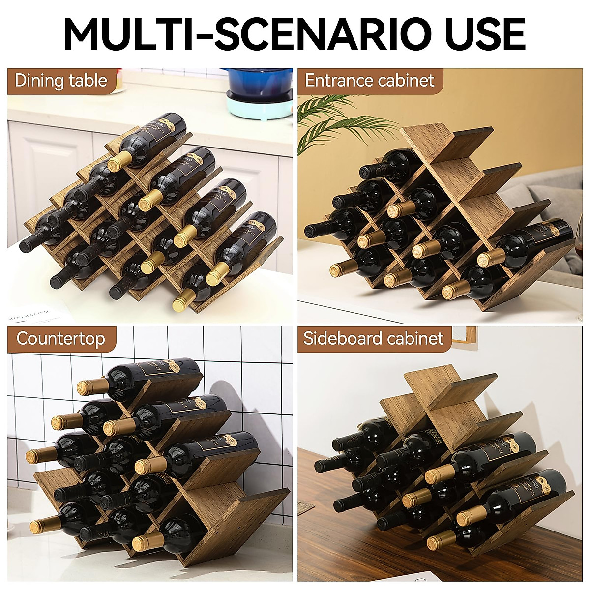 KIRIGEN 13-Bottle Wine Rack - 4-Tier Nature Wood Wine Display Rack/Standing and Countertop Wine Storage Shelf - Bottle Holder/Cabinet Glass Rack 4-Layer Dark Brown XHJJ4-DBR