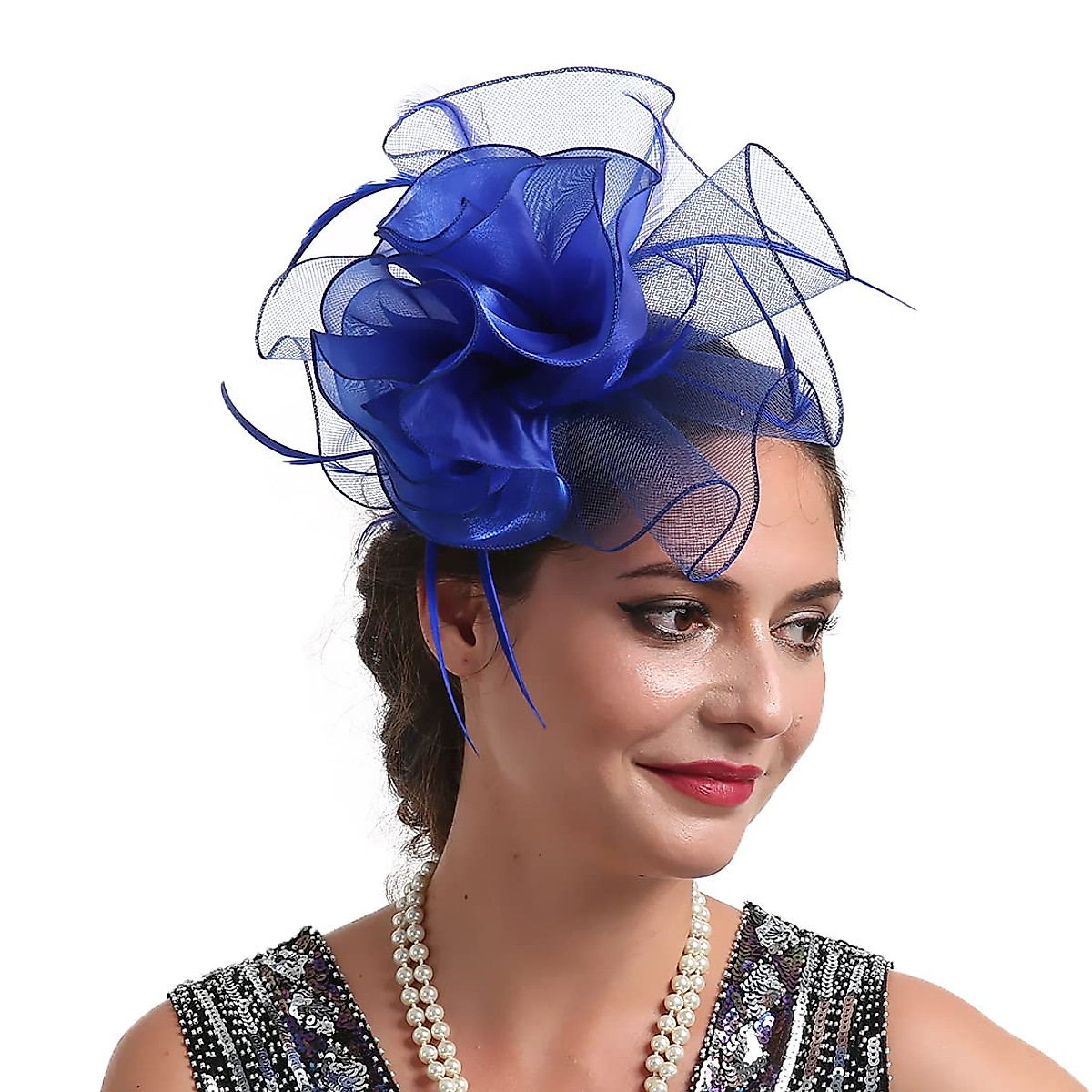 Women Fascinators Organza Fascinators 20S Party Hat Wedding Tea Party Fascinator Pillbox Hat with Headband Hairclip Royal Blue