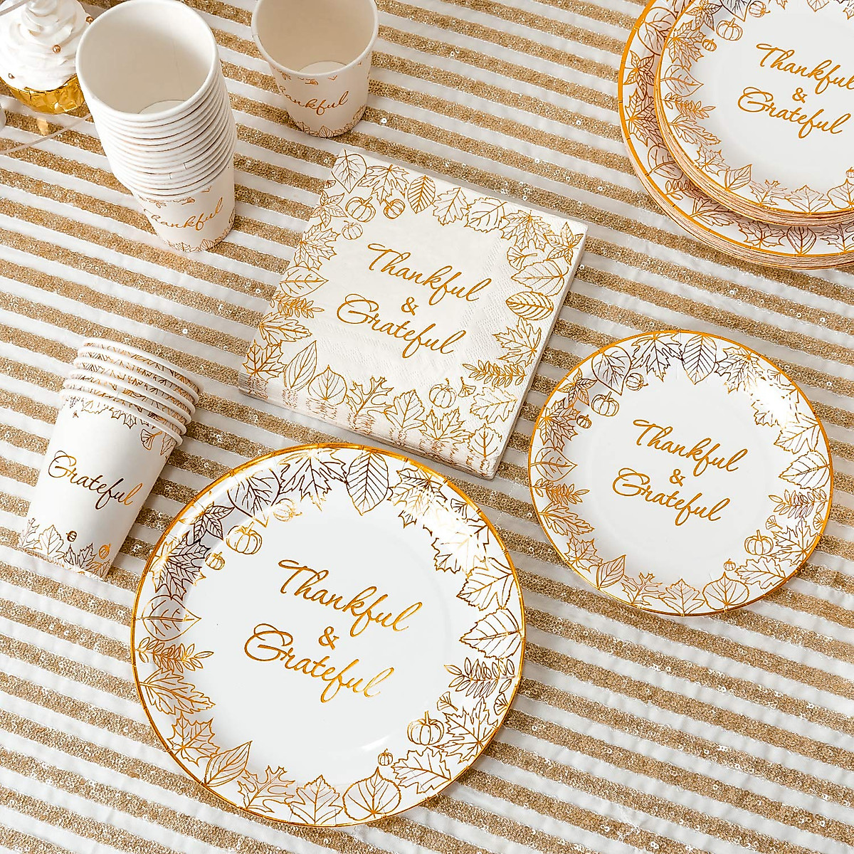 Crisky 24 Guests 96 Pcs Thanksgiving Disposable Napkins Plates Cups Set for Autumn Thanksgiving Dinner Party Decorations, Thankful and Grateful in Orange Foil