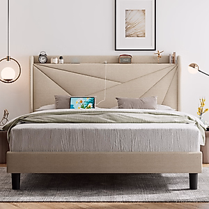 Feonase King Bed Frame, Upholstered Platform Bed Frame with Type-C & USB Ports, Wingback Shelf, Solid Wood Slats Support, No Box Spring Needed, Noise-Free, Beige