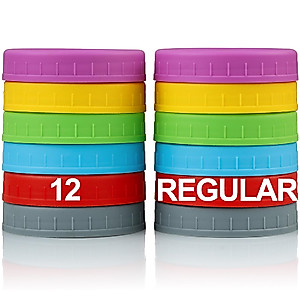 12 Pack REGULAR MOUTH Mason Jar Lids for Ball, Kerr and More - Multicolor Plastic Storage Caps for Mason Jars, Canning Jars - Leakproof, Dishwasher Safe & Food Grade
