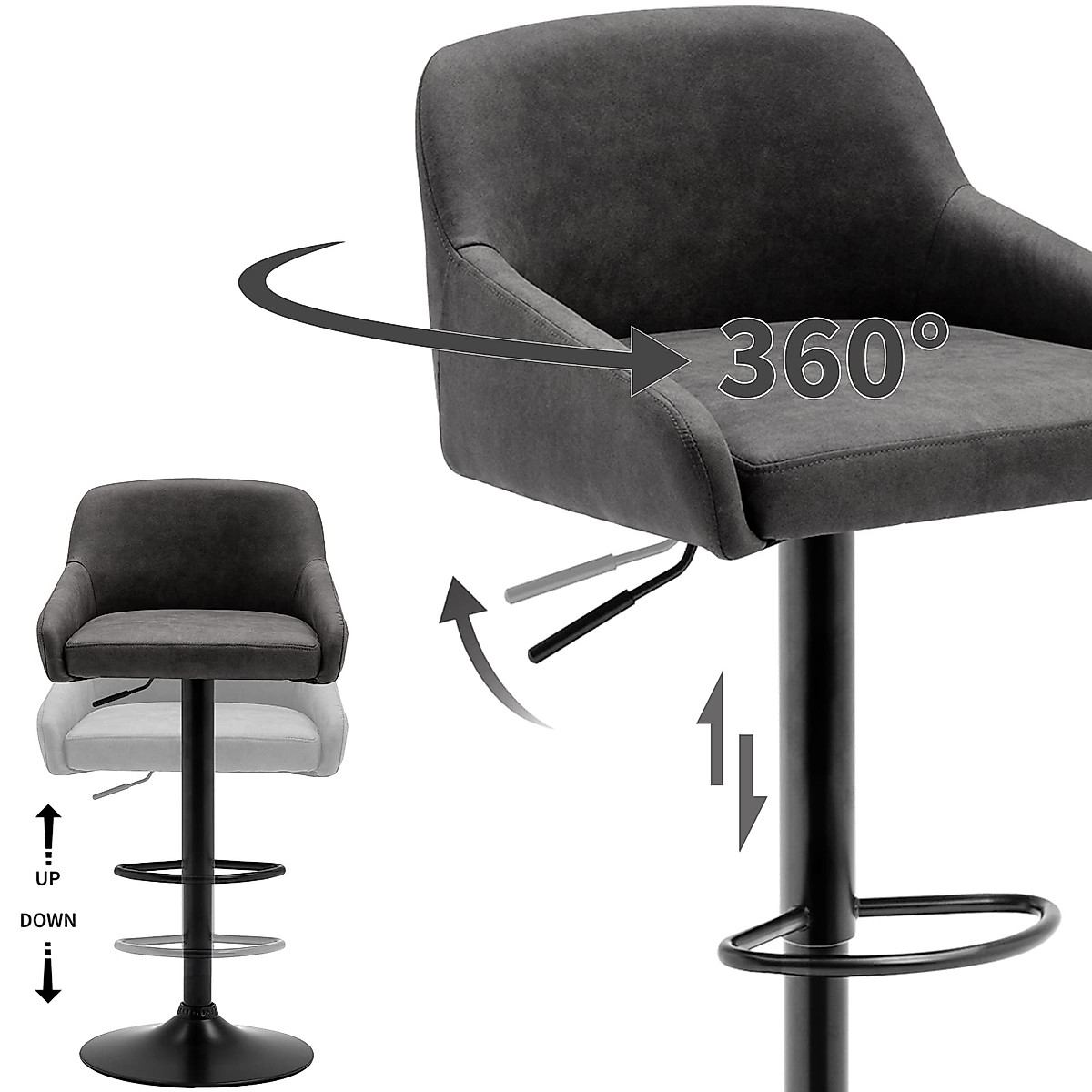 Fefances Bar Stools Counter Height Bar Stool Faux PU Swivel Bar Stools Height Adjustable with Black Metal Base Dark Gray