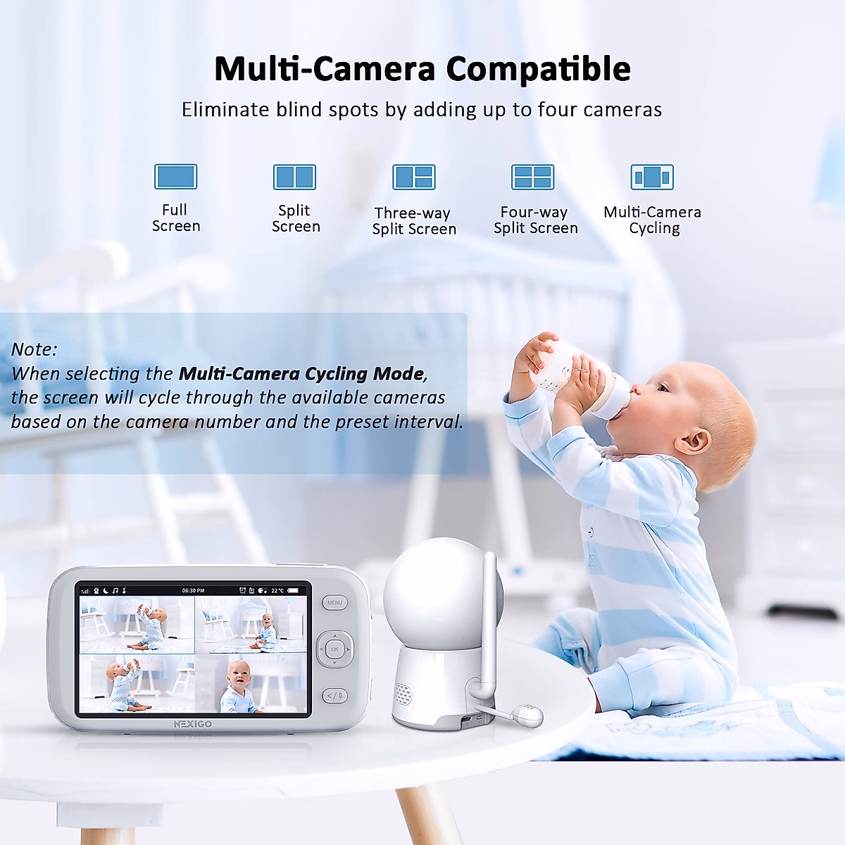 NexiGo Video Baby Monitor with Camera and Audio, 5 Inch Split IPS Screen, Support Up to 4 Cameras, 2-Way Audio, Pan-Tilt-Zoom, 4800mAh Battery, Temperature Detection, Night Vision, Lullaby (White)