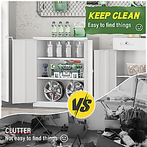 Greenvelly Metal Storage Cabinet, 42” Steel Locking Cabinet with Doors and Shelves,White Utility Cabinet Garage Cabinets, Lockable File Cabinet for Home Office, Garage, Kitchen, Shop
