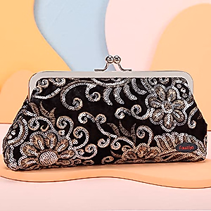 Fawziya Clutch Evening Bags Sequin Velvet Embroidered Kiss Lock PursesKiss Lock Evening Bag-Black
