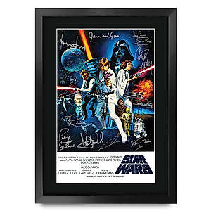 HWC Trading Star Wars a New Hope Movie Poster Cast Signed 16" x 12" Framed Gift Printed Autograph Film Mark Hamill Harrison Ford Carrie Fisher Alec Guinness George Lucas Print Photo Picture Display -