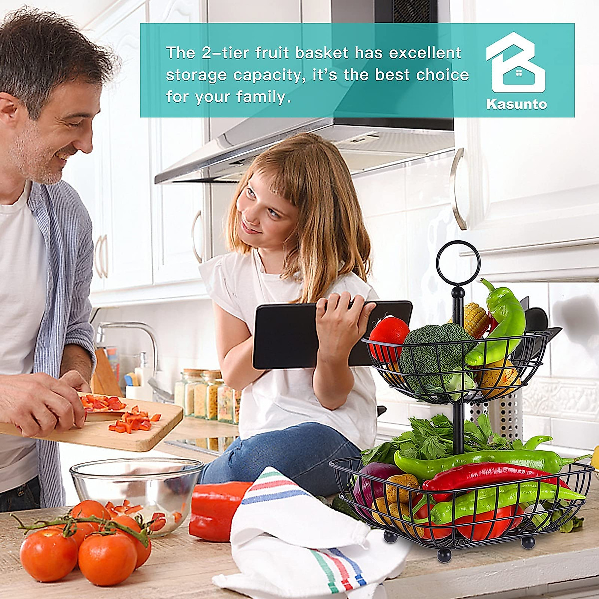 2 Tier Fruit Basket Bowls, Fruit and Vegetable storage for Kitchen Countertop Organizer, Stackable Wire Baskets and Fruit Basket Stand, Onion potato storage with Metal basket (Black, Large)