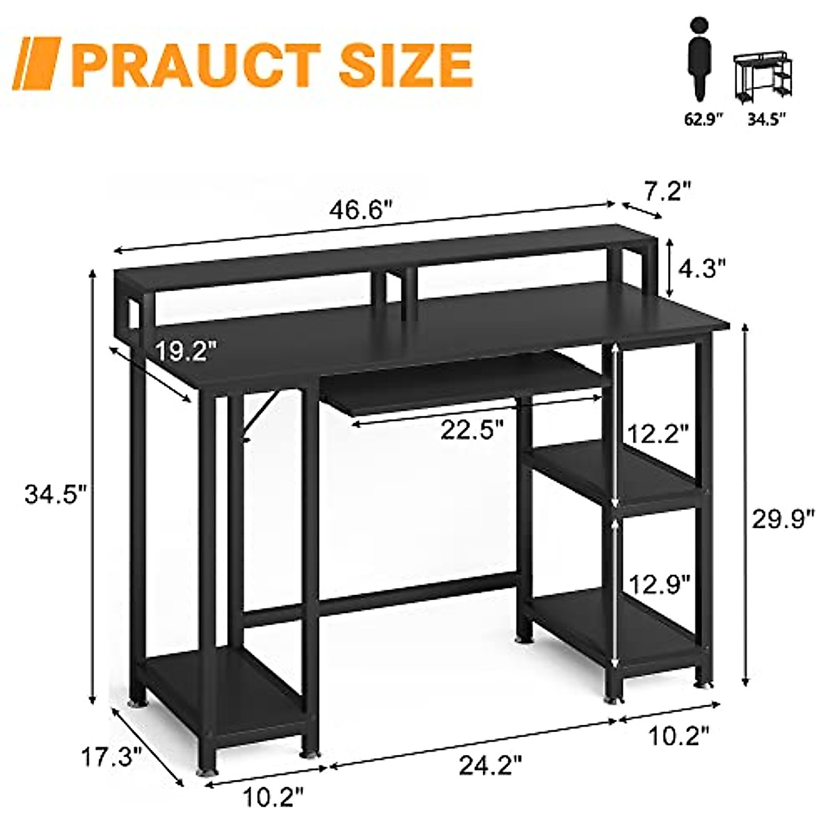 JSungo Small Computer Desk with Monitor Stand, 47 Inch Home Office Desk with 2 Tier Storage Shelf for Small Space, Sturdy Writing Gaming Table with Keyboard Tray and CPU Shelf, Black