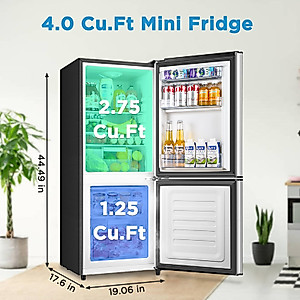Saeoola Mini Fridge with Freezer on Bottom, 4.0 Cu.Ft, 2 Doors Compact Small Refrigerator with Bottom Freezer for Apartment, Dorm, Office, 7-Level Temperature Control, Removable Shelves (Sliver)