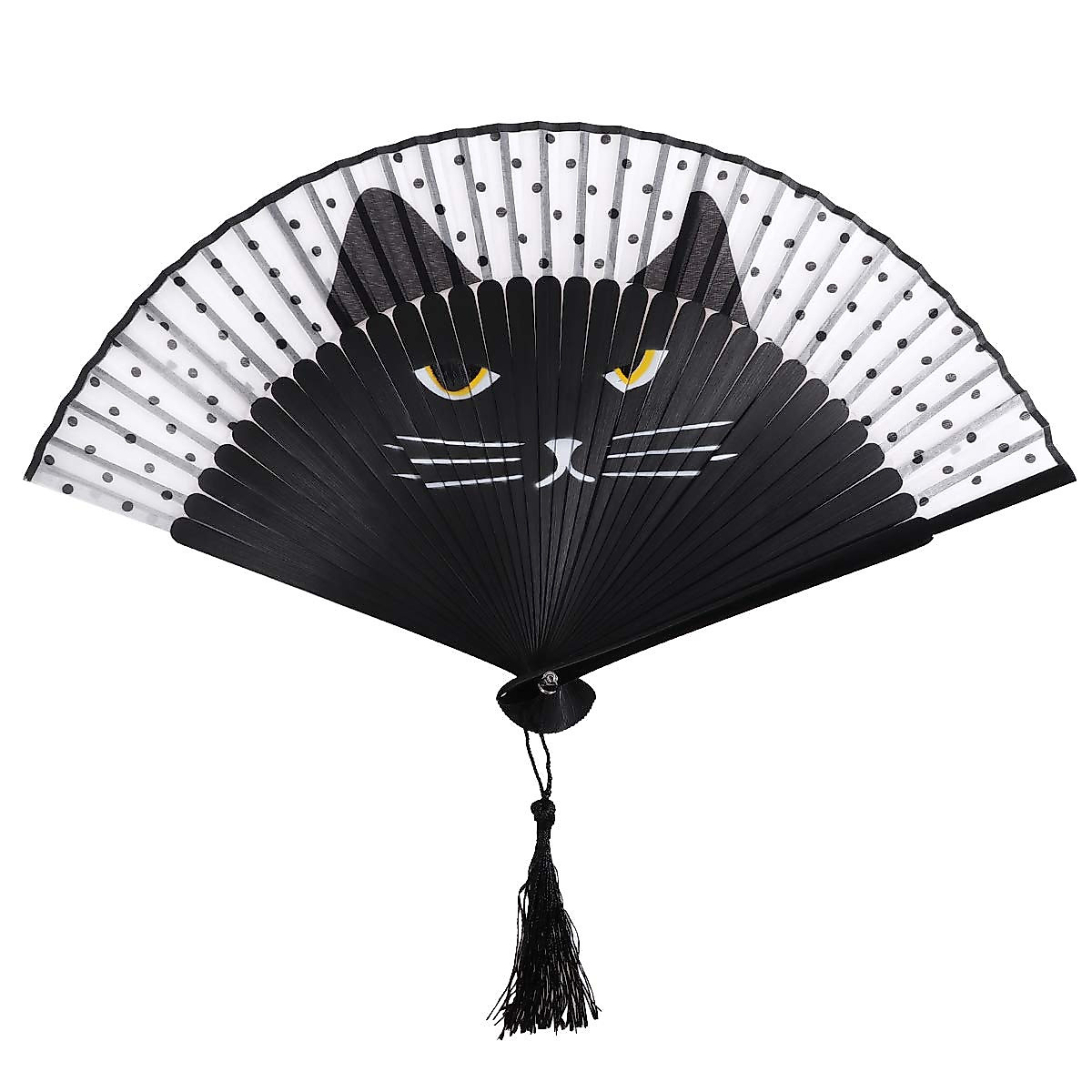 OULII Women Cartoon Cat Folding Silk Fan Handheld Fan (Black)