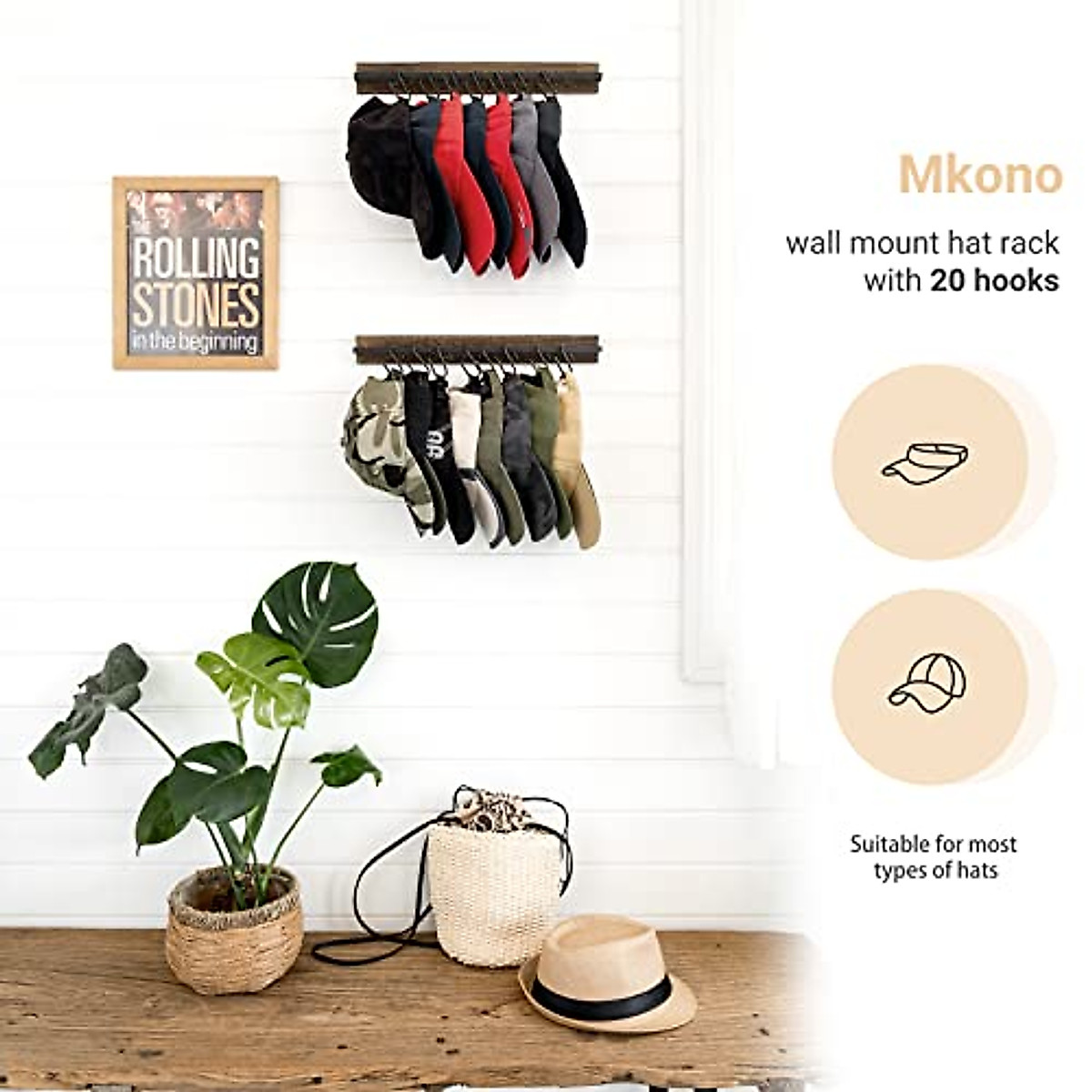 Mkono Hat Rack for Wall Wooden Baseball Caps Organizer with 20 Hooks Rustic Cowboy Hat Hanger Wall Mounted Hats Display Rack for Closet Bedroom Entryway, Set of 2, Brown
