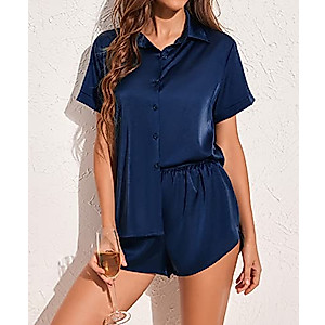 Ekouaer Womens Short Pajama Sets Satin Silk Loungewear 2 Piece Summer Soft Pjs Navy Blue Medium