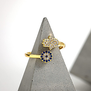 SLOONG Evil Eye Hamsa Hand Ring 14k Gold Plated Third Eye White Zircon Gemstone Blue Cz for Womens (Gold)