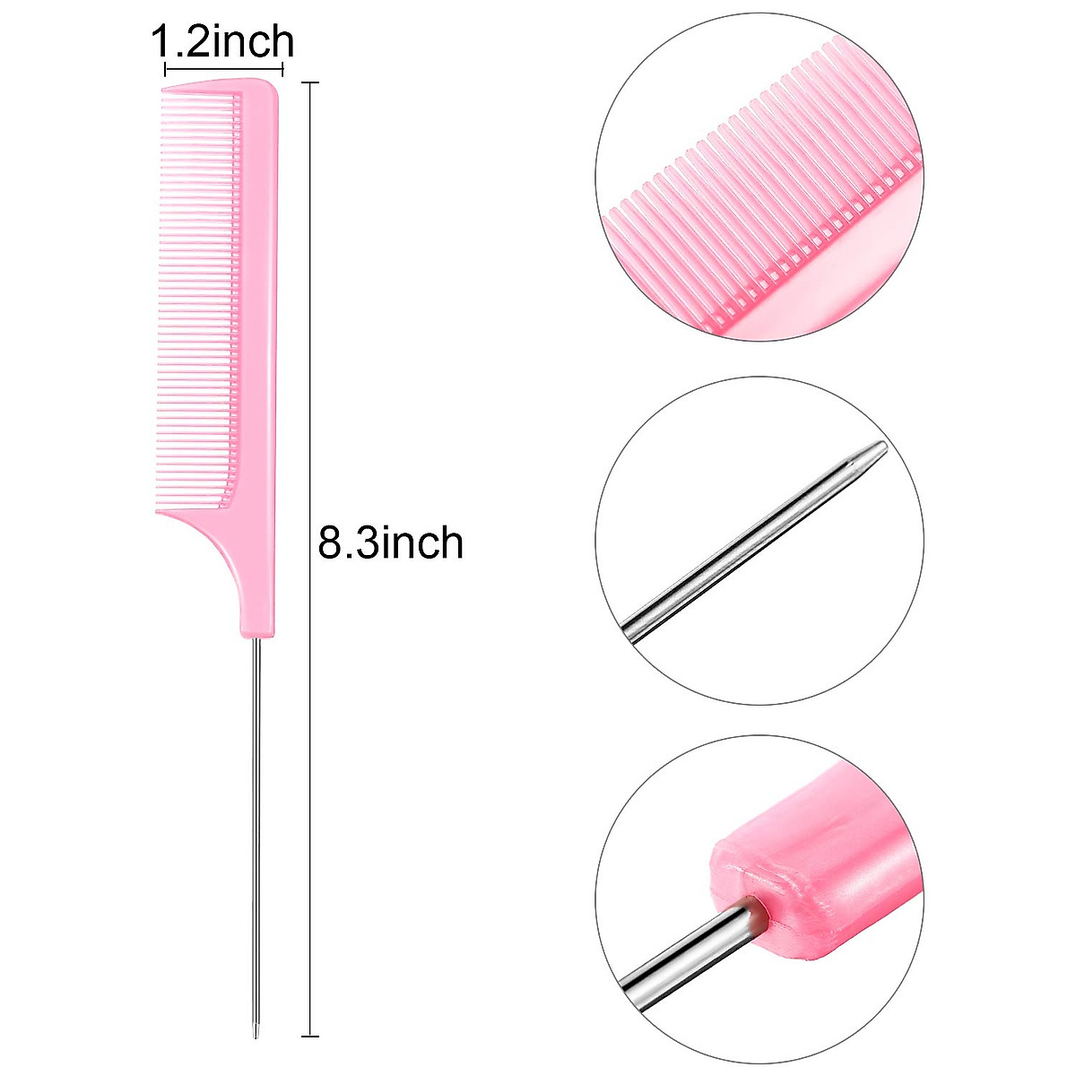 16 Pcs Rat Tail Comb Foiling Steel Pin Rat Tail Fiber Heat Resistant Teasing Combs with Pintail for Women Girls Hair Styling(Black and Pink)