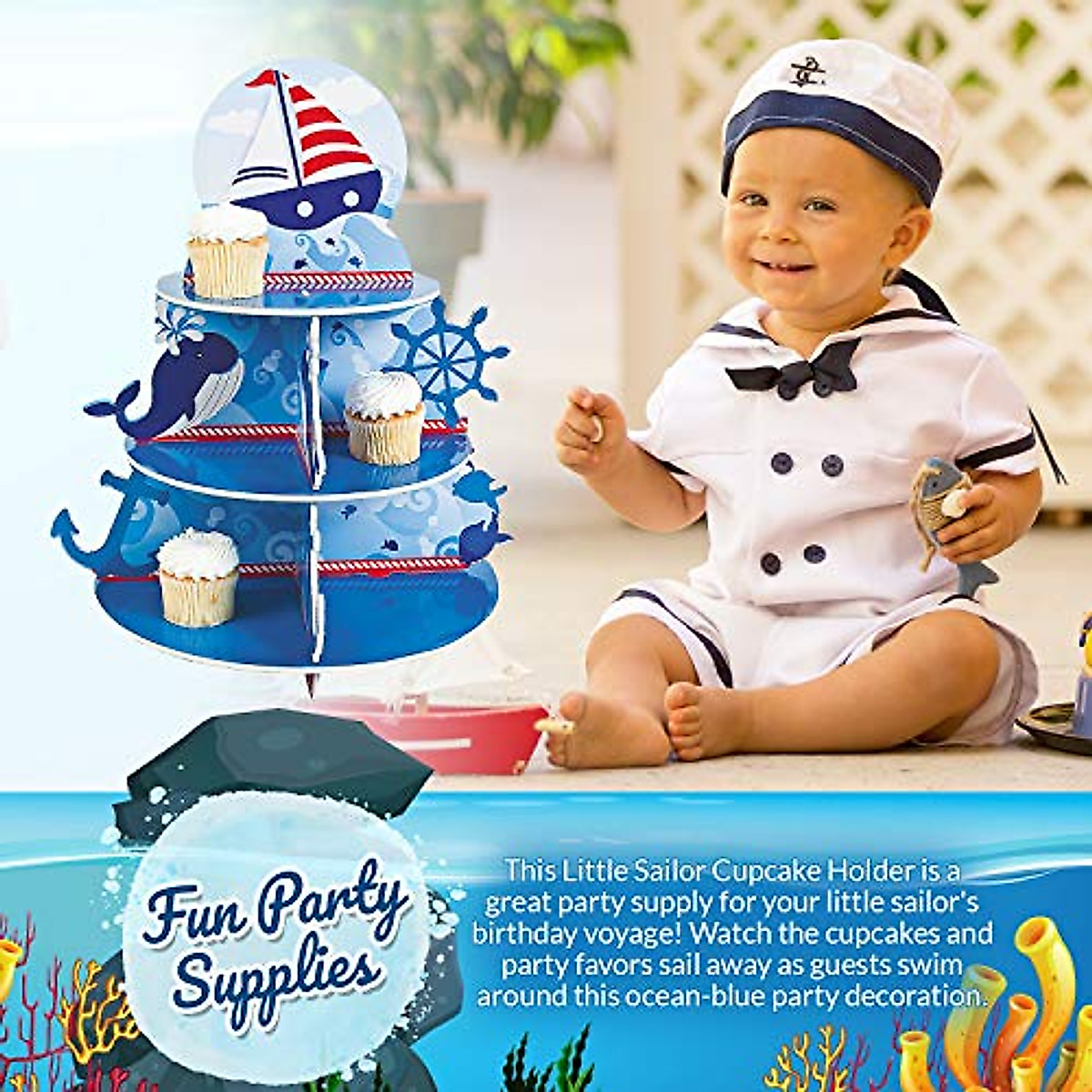 1 X Nautical Sailor Cupcake Holder Stand Size: 16" x 12" diam. by Fun Express blue and white