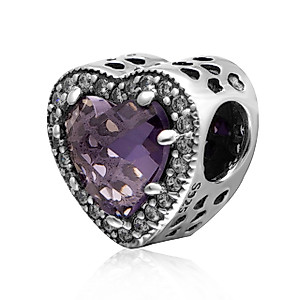 Radiant Heart Charm with Red and Clear CZ 925 Sterling Silver Love Charm for Pandora Bracelet,Valentines Gifts (Purple)