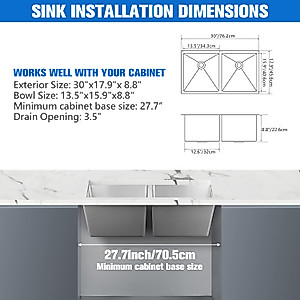 Daweier 30x17.9 Inch Handmade Undermount Double Bowl Kitchen Sink, 304 Stainless Steel, Heavy Duty Commercial Grade