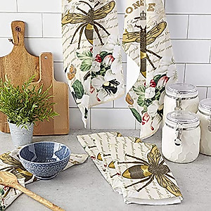 LOVE HOME DAY Kitchen Towel Set of 1, Spring Bee Watercolor White Blossoms Flower Butterfly Hand Towels Absorbent Microfiber Dish Cloth Vintage Stamp Washable Tea Bar Dishcloth Cleaning Cloths