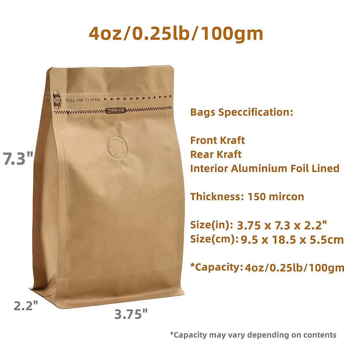 EVERPACK 4 Ounce 100 Packs High Barrier Kraft Paper Coffee Bags, Stand Up/Flat Bottom Coffee Pouches with Air Release Valve & Reusable Pull Tab Side Zipper (100 Pieces, 4oz/0.25lb/100gm)