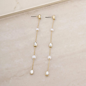 Ettika Gold Earrings. Pearl Earrings For Women. Freshwater Pearl and Crystal Linear 18k Gold Plated Dangle Earrings. Birthday Gifts For Women