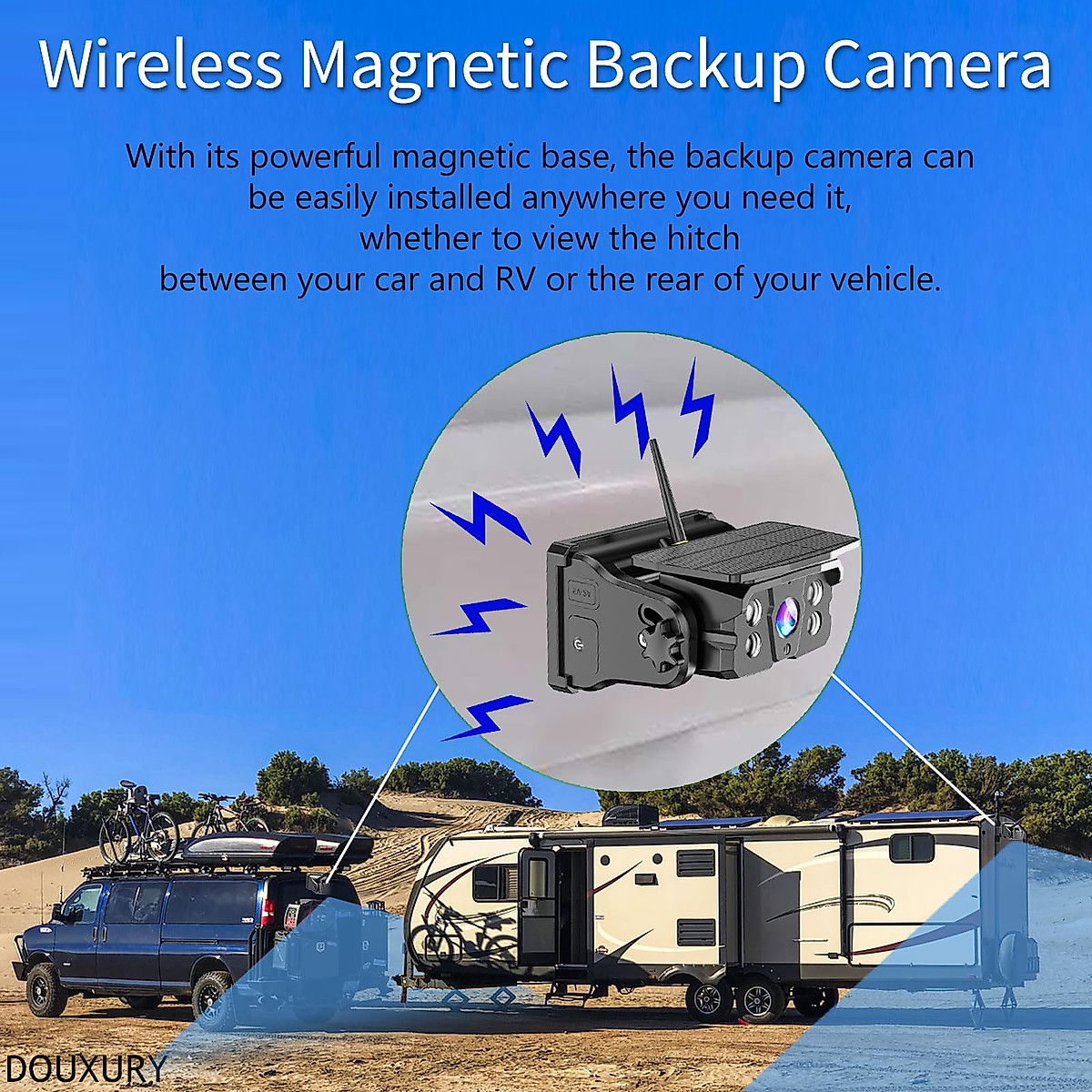 Wireless Backup Camera Solar Magnetic for Car RV Trailer Truck Camper 5th Wheels Hitch Towing No Wiring No Drilling Rechargeable Night Vision Portable Backup Camera with 5" 1080P HD 2-Split Monitor