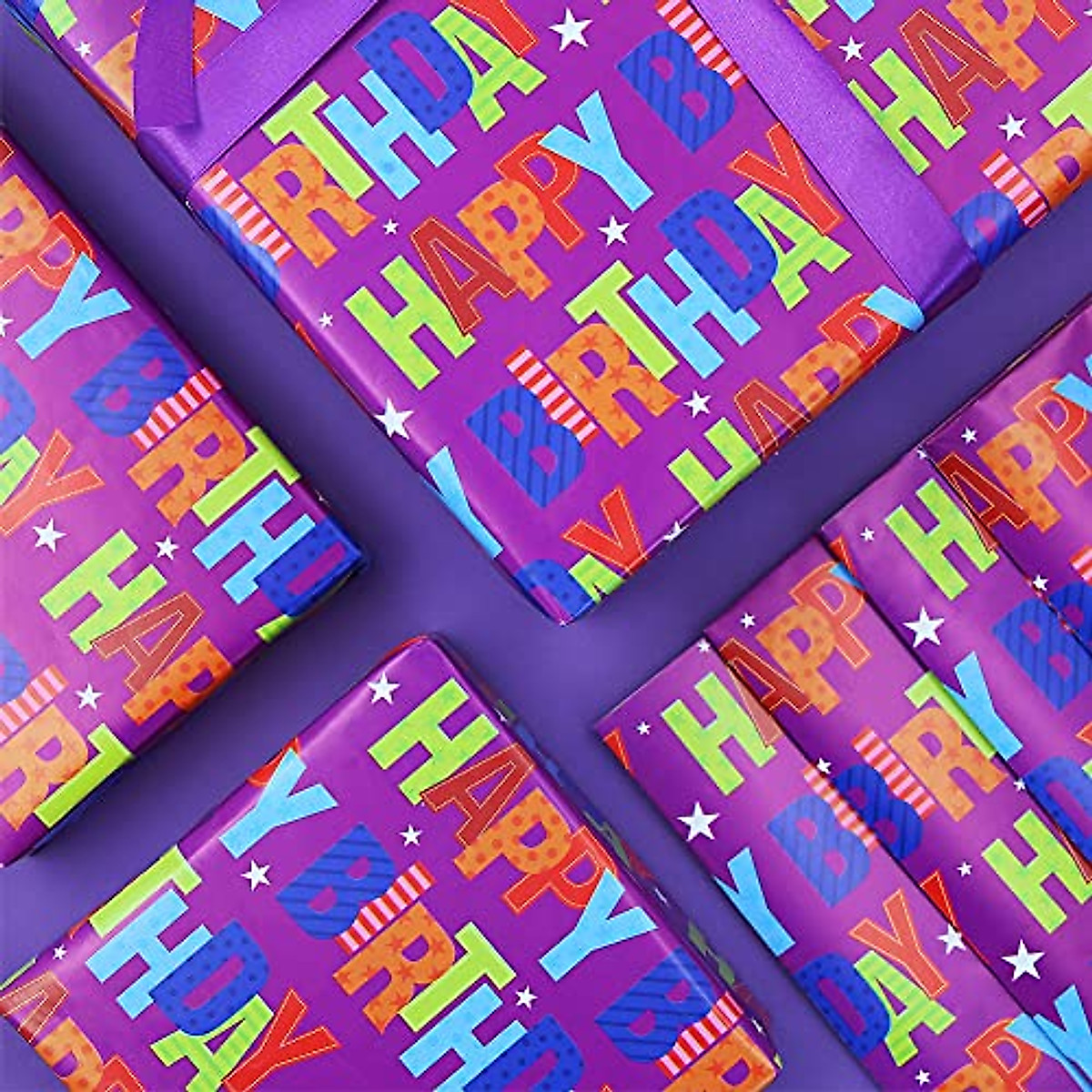 Happy Birthday Wrapping Paper For Kids Girls Boys Women Men, Purple Birthday Gift Wrapping Paper, Wrapping Paper Birthday 6 Sheets Folded Flat 20x28 Inches per Sheet