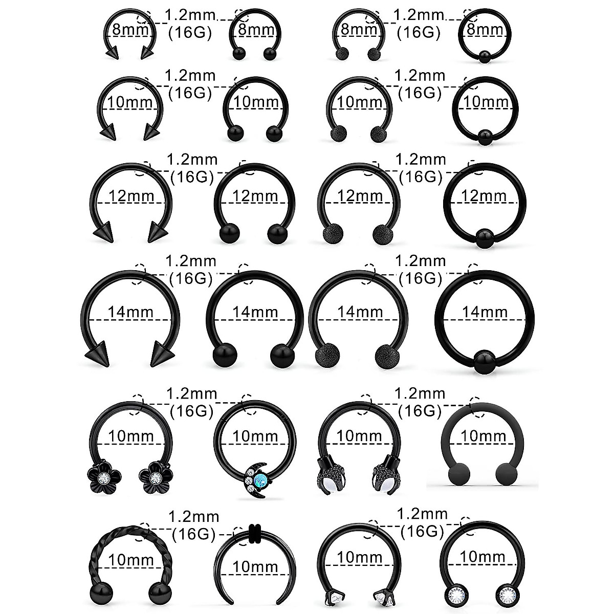 Yaalozei 16G Septum Rings Jewelry Stainless Surgical Steel Opal Flower Black Moon Septum Nose Lip Ring Hoop Earring Clicker Horseshoe Barbell Smiley Piercing Jewelry for Men Women 8mm 10mm 12mm 14mm