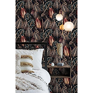 Luvdecor Peel and Stick Wallpaper Boho Bold Luxury Leaf Wallpaper Removable Wallpaper Boho Peel and Stick Floral Wallpaper for Bedroom Bathroom Stick On Wallpaper for Accent Wall Decor 17.7 * 118in