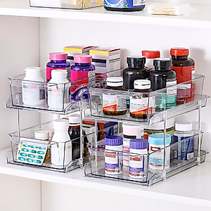 2 Tier Clear Organizer with Dividers, Multi-Purpose Slide-Out Storage Container, Bathroom Vanity Counter Organizing Tray, Under Sink Closet Organization, Kitchen Pantry Medicine Cabniet Storage Bins