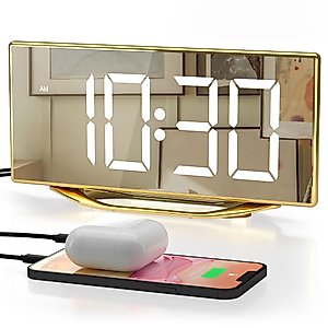 Alarm Clock for Bedroom, Modern Digital Clock for Living Room, 8.7" LED Mirror Alarm Clock with 2 USB Charger,Snooze,12/24H,7 Adjustable Dimmer & Volume Aesthetic Bedside Clock for Teens Kids Adults