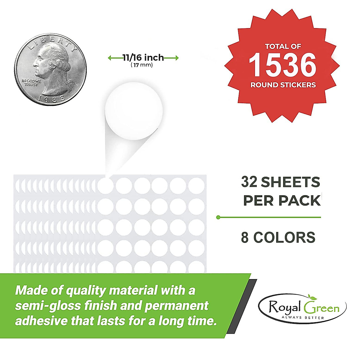 Royal Green Kids Colored Craft Stickers Colorful 5/8 inch 17mm - 1536 Pack - 8 Colors - 32 Sheets - Dot Labels for Children Fun, Games and Art